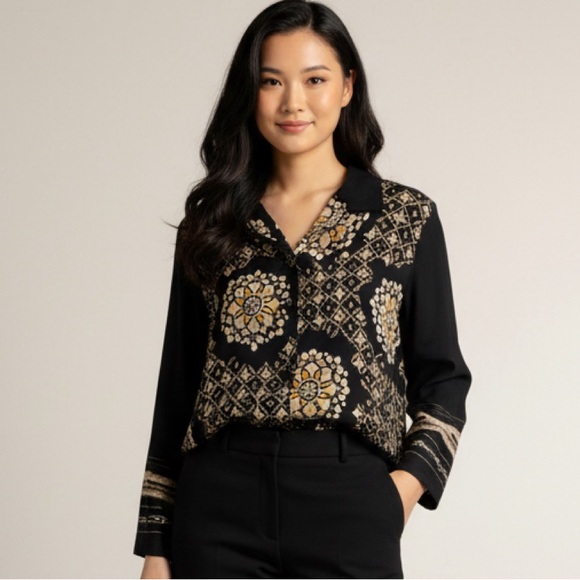 Harari | Tops | Vintage Harari Chic Black And Gold Patterned Blouse ...
